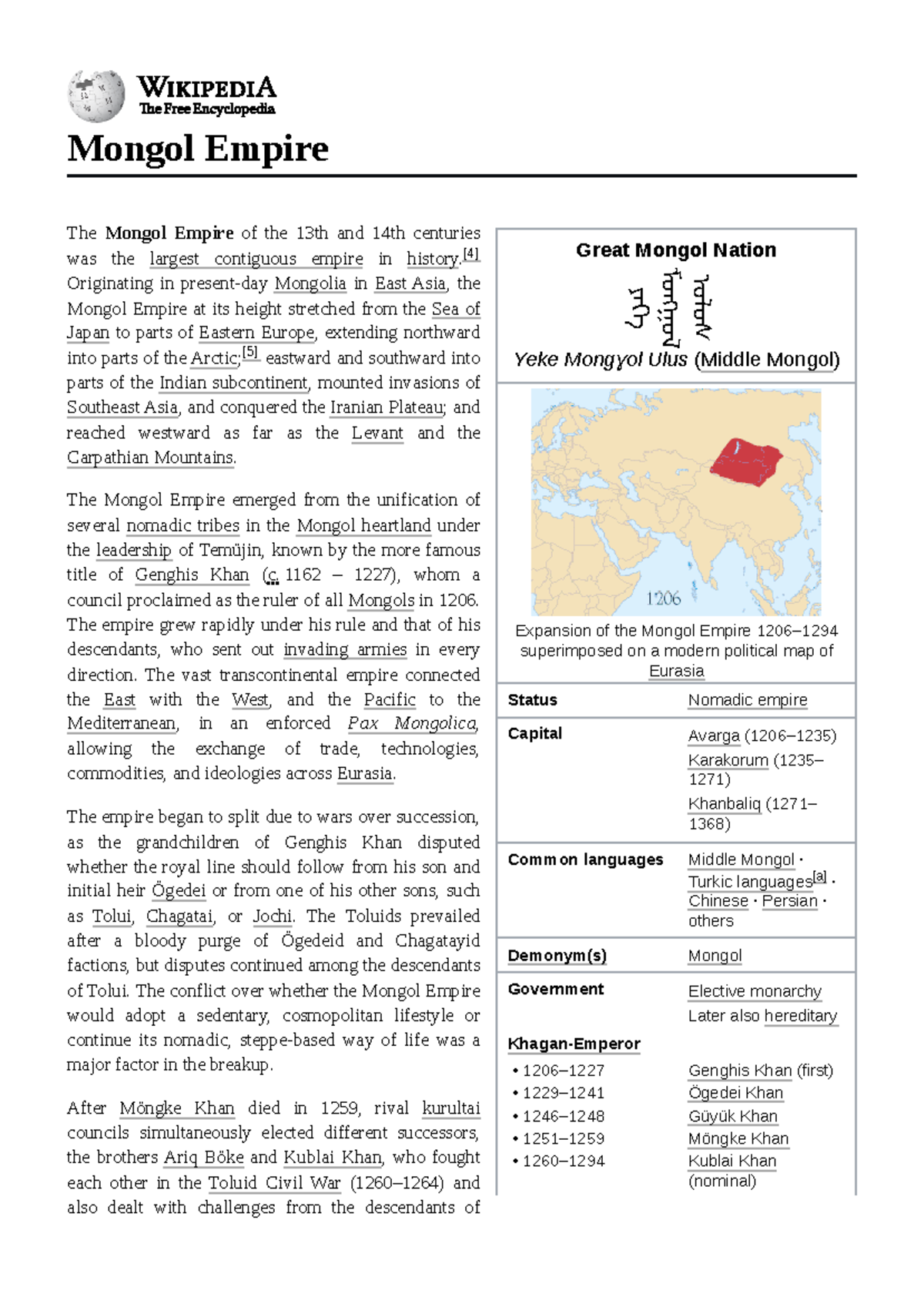 Mongol Empire - [4] Originating in present-day Mongolia in East Asia ...