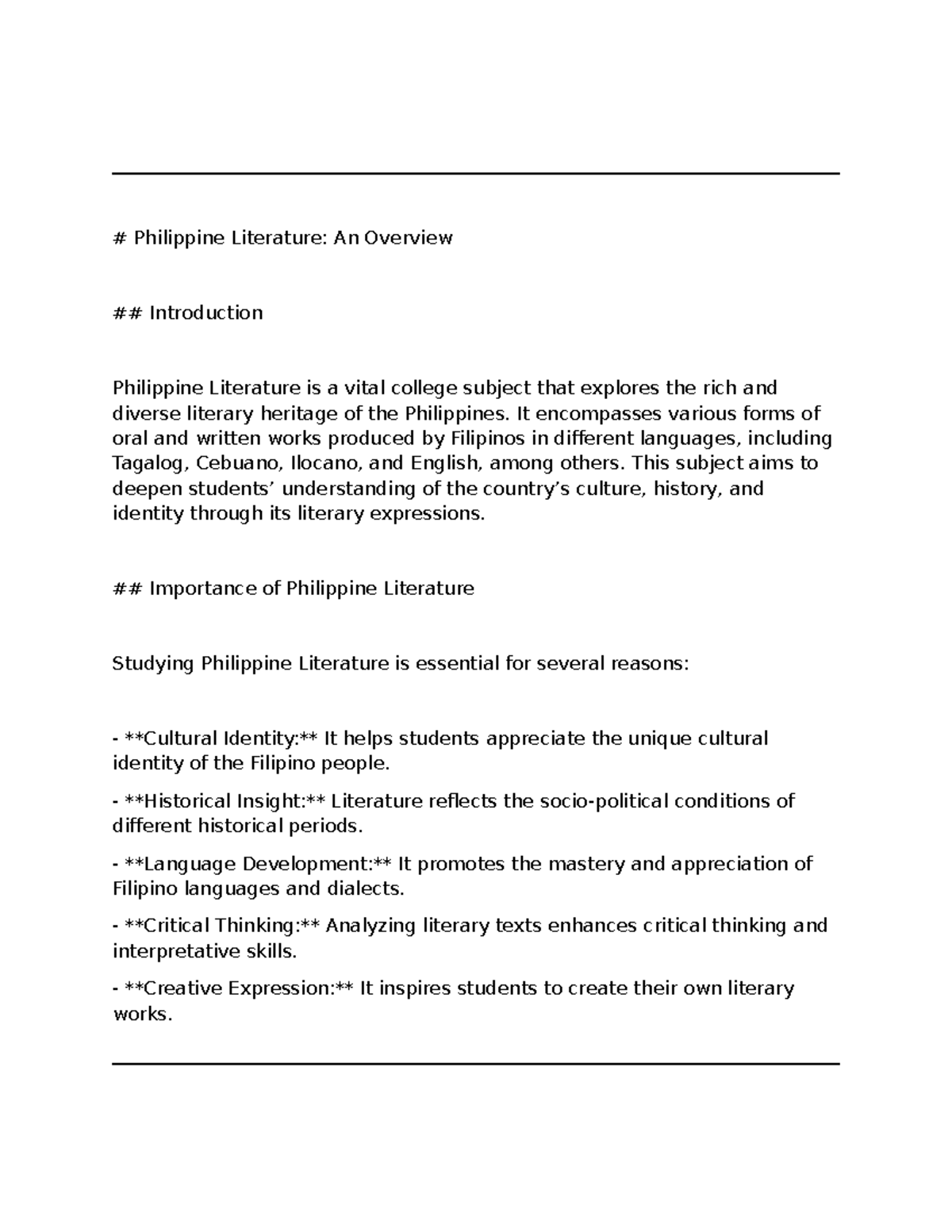 Philippine Literature Overview: Cultural Heritage & Key Themes - Studocu