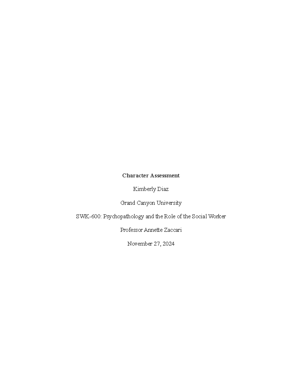 Character Assessment of Ruby "Rue" Bennett - SWK-600 Case Study - Studocu