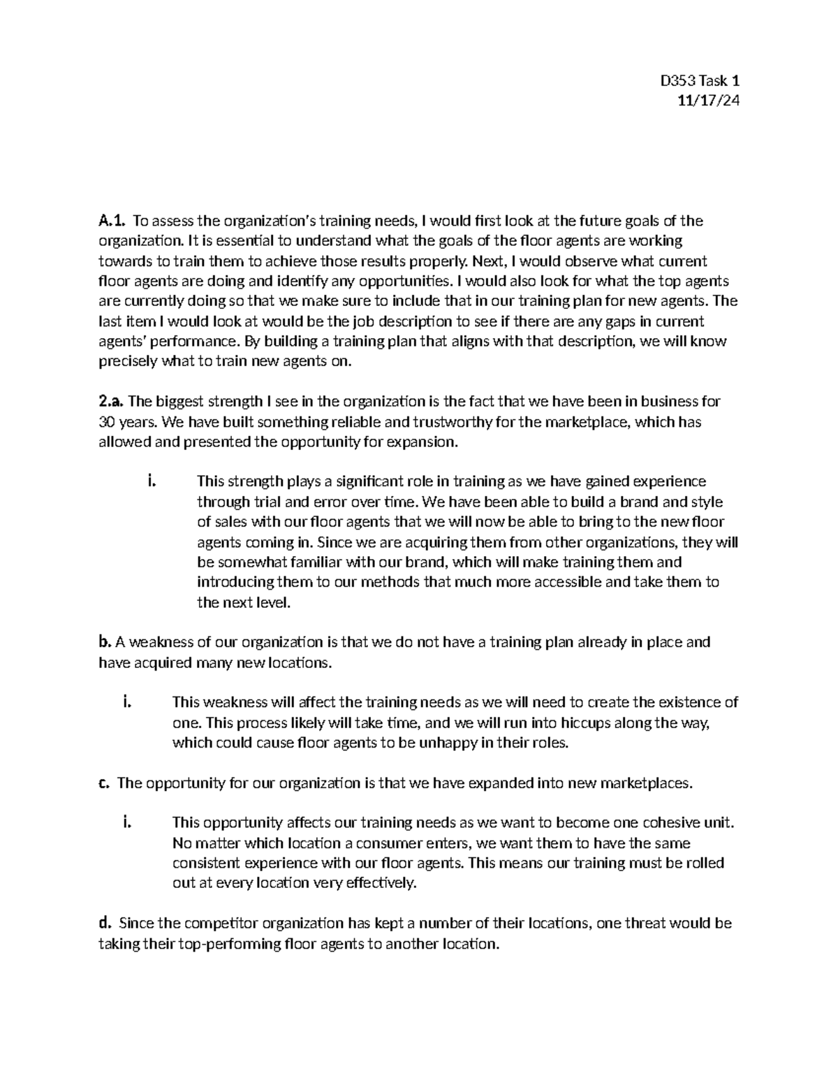 D353 Task 1: Assessing Training Needs for Floor Agents - Studocu