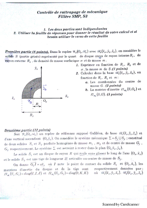 Exercices corrigés du mécanique du solide Série 4 - TD N° 3 - Mécanique II SMP- S 3 Exercice I ...