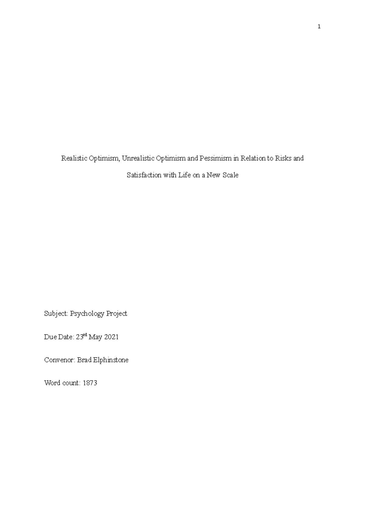 PSY30003 Psychology Project: Optimism and Pessimism Scale Analysis ...
