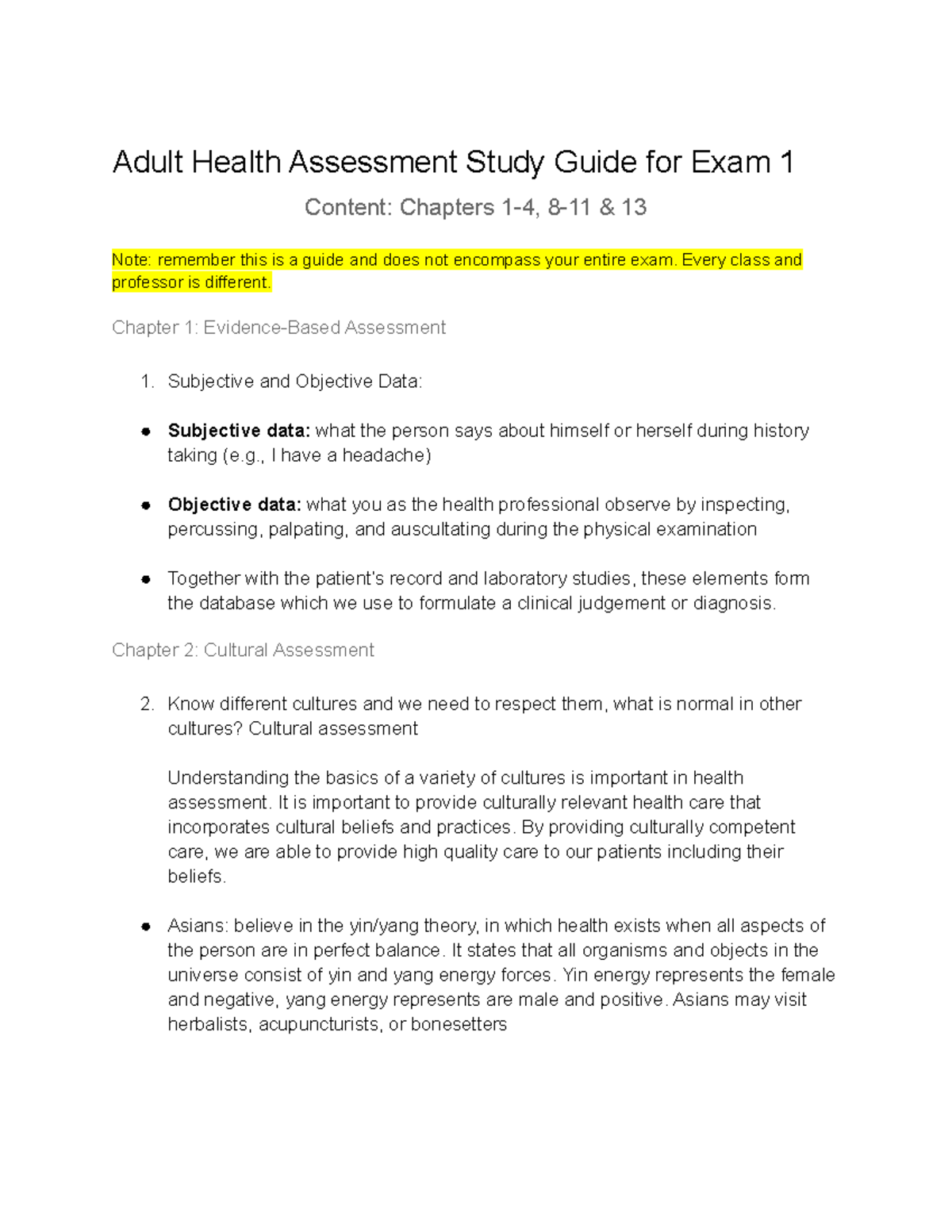 Adult Health Assessment Study Guide: Exam 1 Overview of Chapters 1-13 ...
