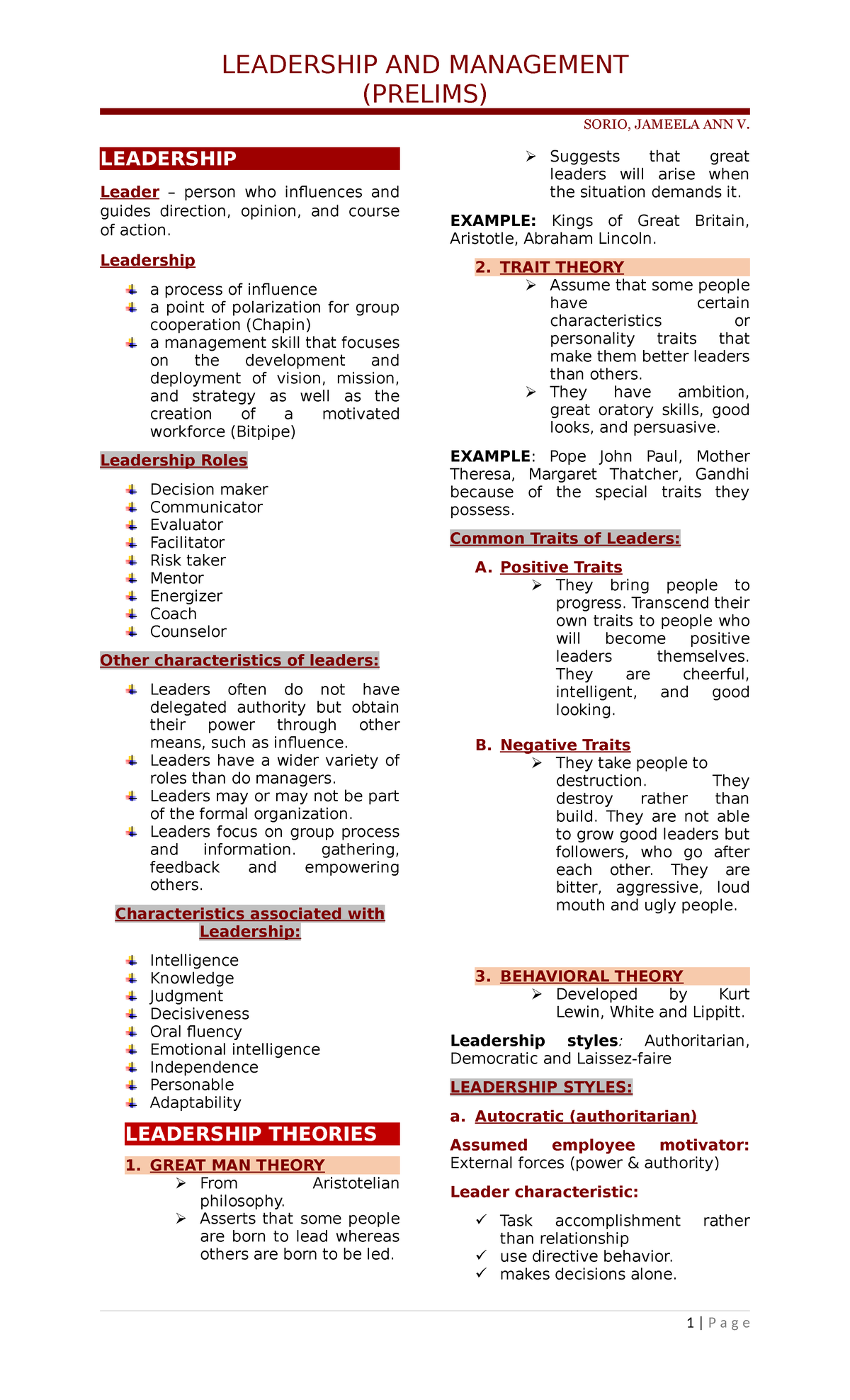 Leadership Theories and Styles - Prelims Exam Notes - Studocu