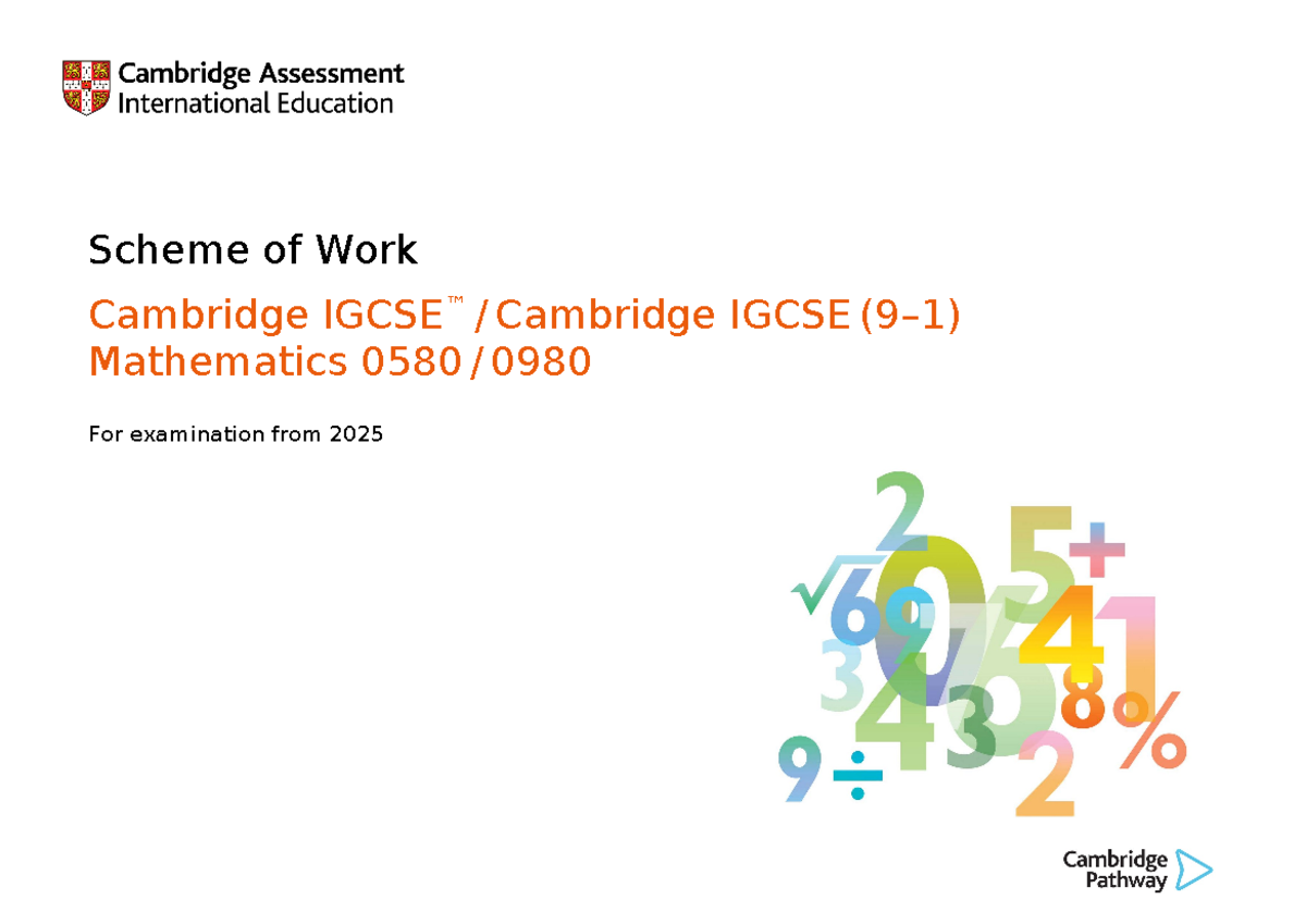 Cambridge IGCSE Mathematics 0580 Scheme of Work for 2025 Exam - Studocu