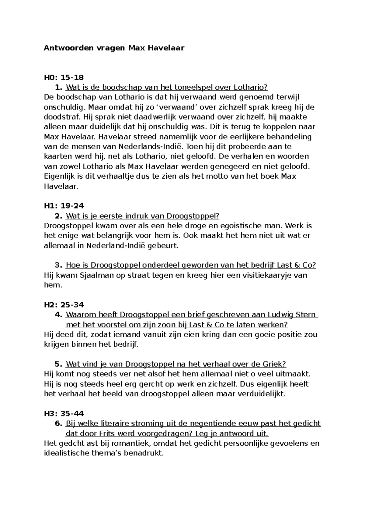 Max Havelaar Vragen & Antwoorden - Essay H13 & H14 Verdieping - Studeersnel