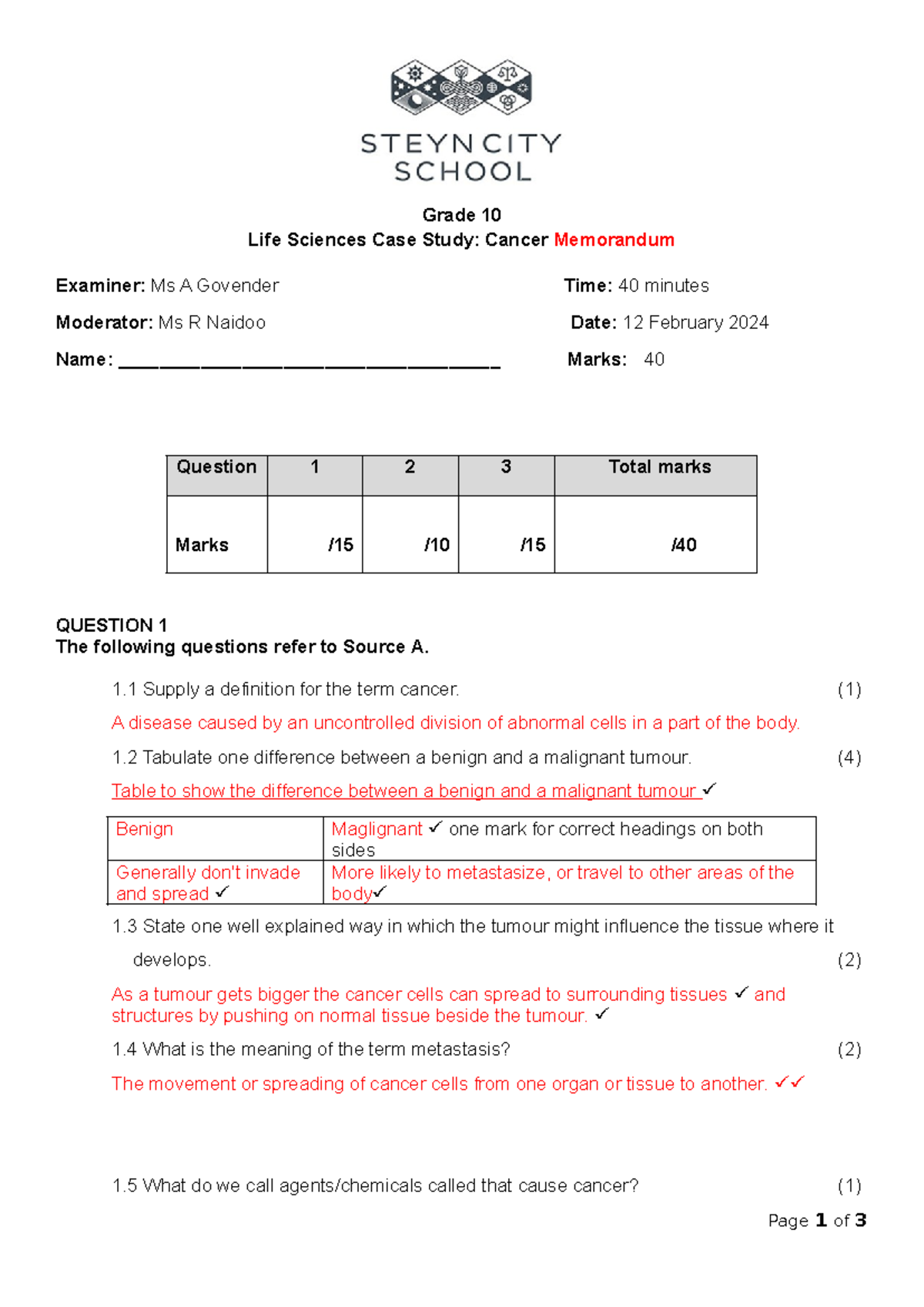 Grade 10 Life Sciences Case Study 1: Cancer Memo (40 Marks) - Studocu