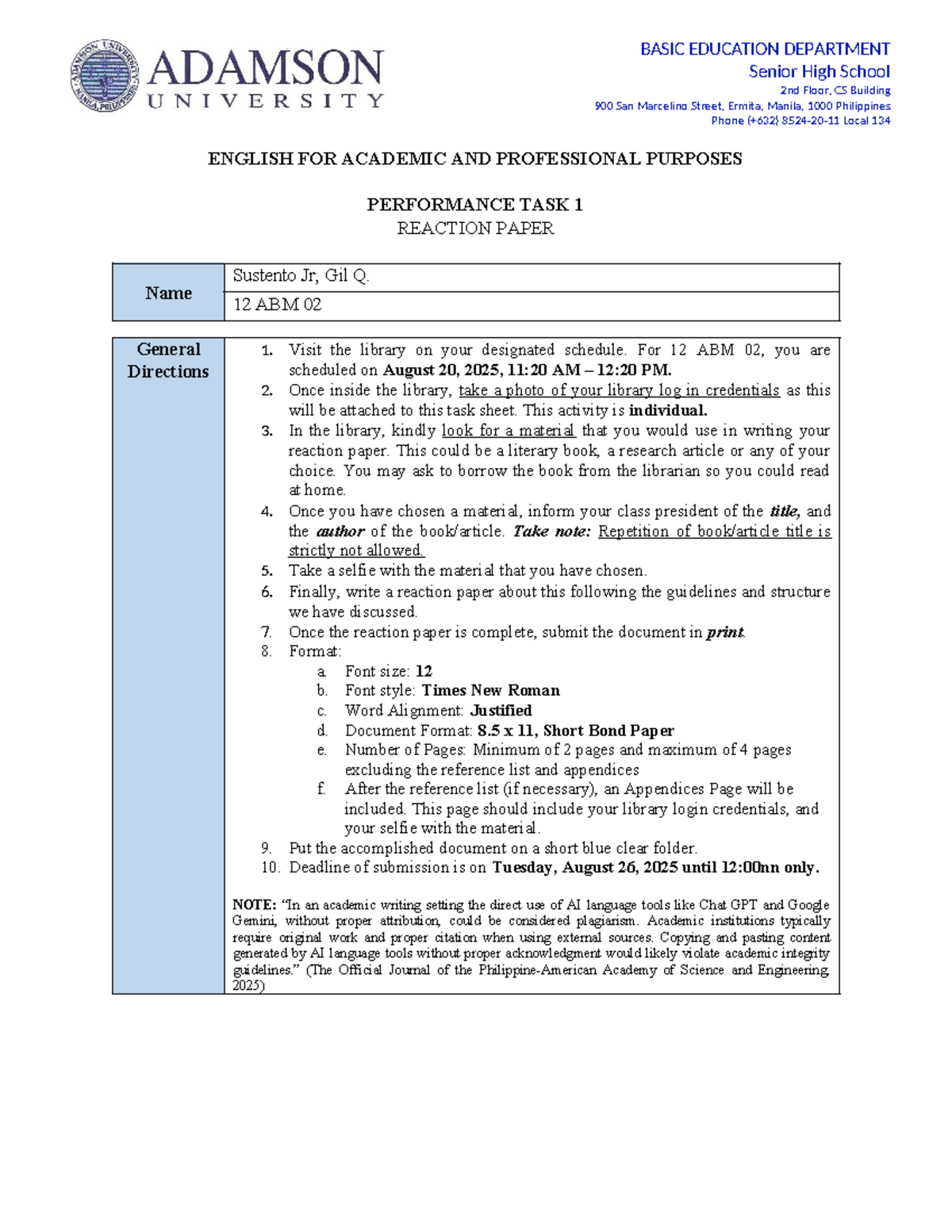 PETA 1 Reaction Paper Guidelines for 12 ABM 02 - Studocu