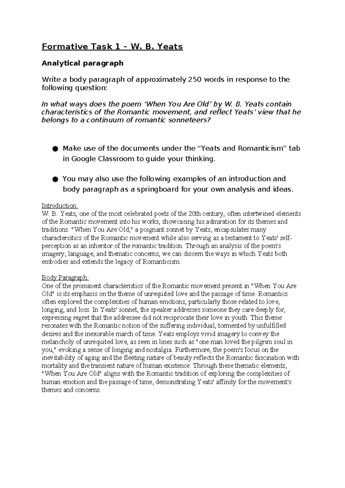 - Formative Task 1 - Yeats Essay Poem - Formative Task 1 – W. B. Yeats ...