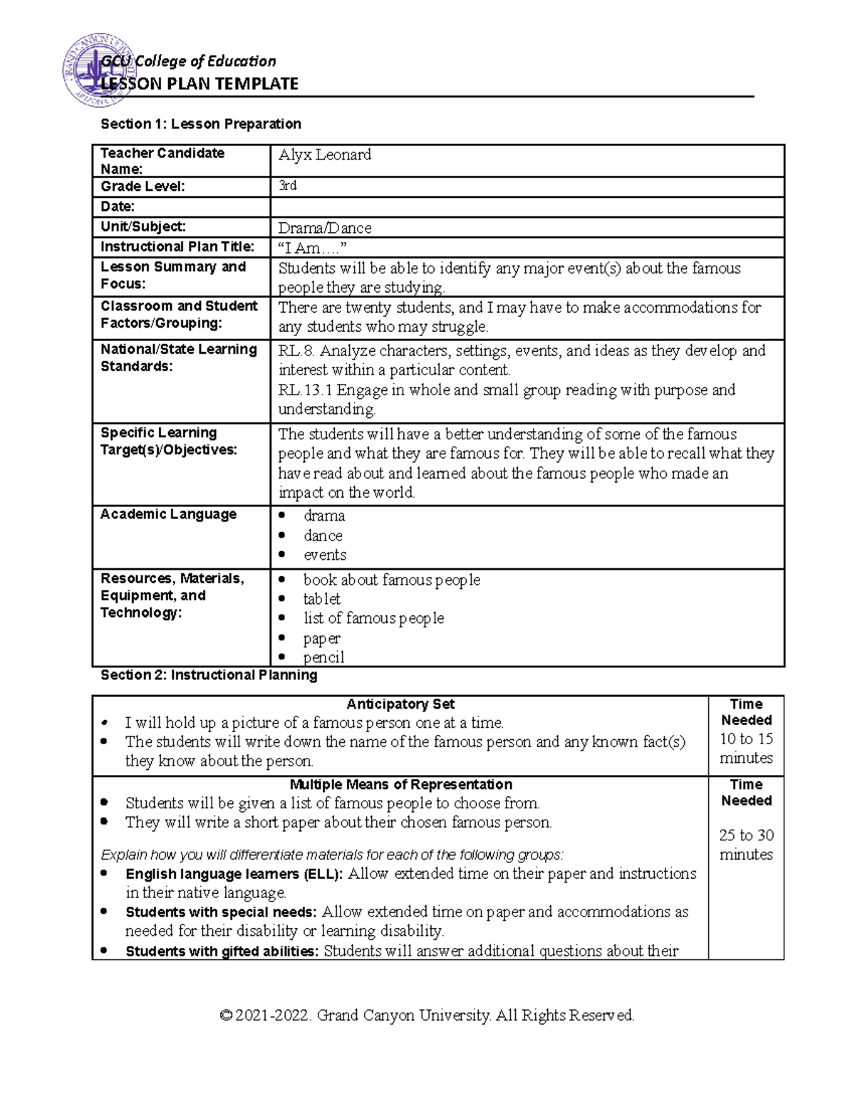 Drama/Dance Integrated Lesson Plan for 3rd Grade - Leonard Alyx - Studocu