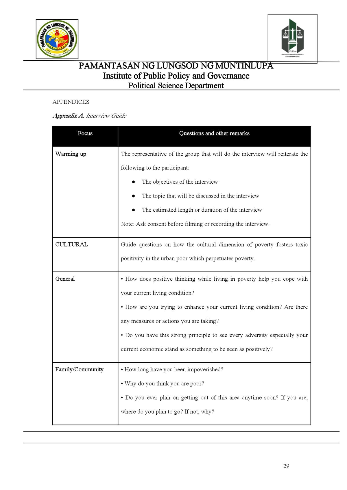 Interview Guide: Cultural and Structural Dimensions of Poverty (PLM ...