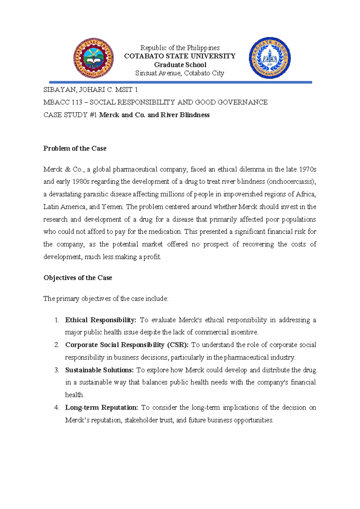 MBACC 113 SOCIAL RESPONSIBILITY AND GOOD GOVERNANCE CASE STUDY: Merck ...
