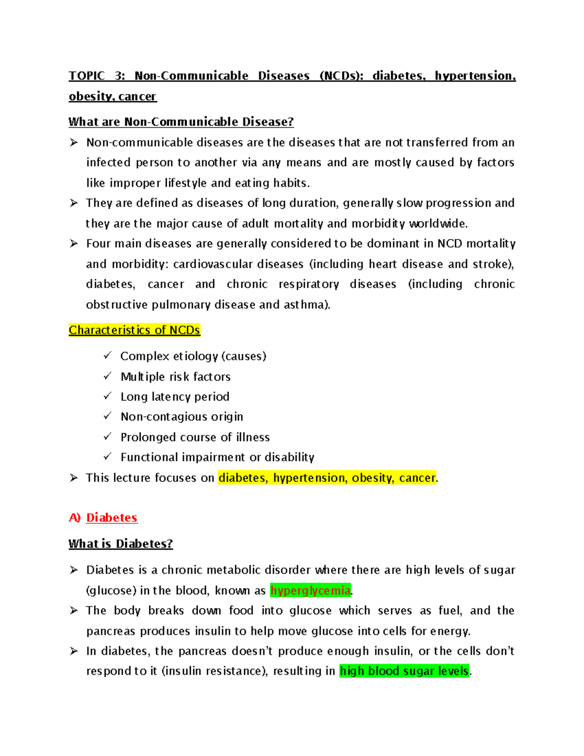 Topic 3: NCDs Lecture Notes - Diabetes, Hypertension, Obesity, Cancer ...