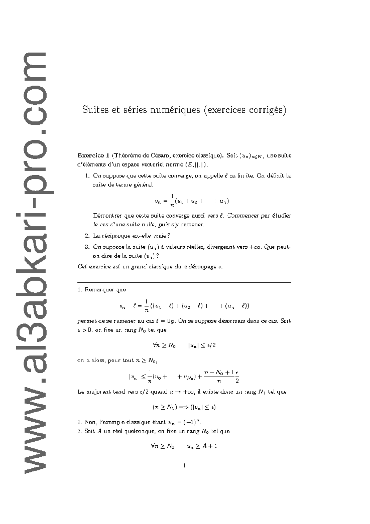 PDF 2 Exercices Corrigés: Suites et Séries Numériques - Studocu