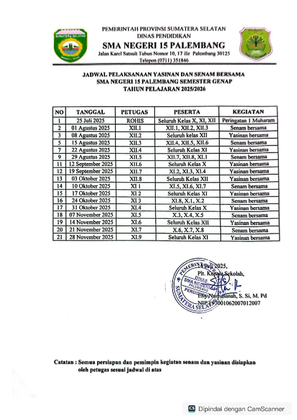 Jadwal Kegiatan Yasinan dan Senam Bersama SMA Negeri 15 Palembang 2025 ...
