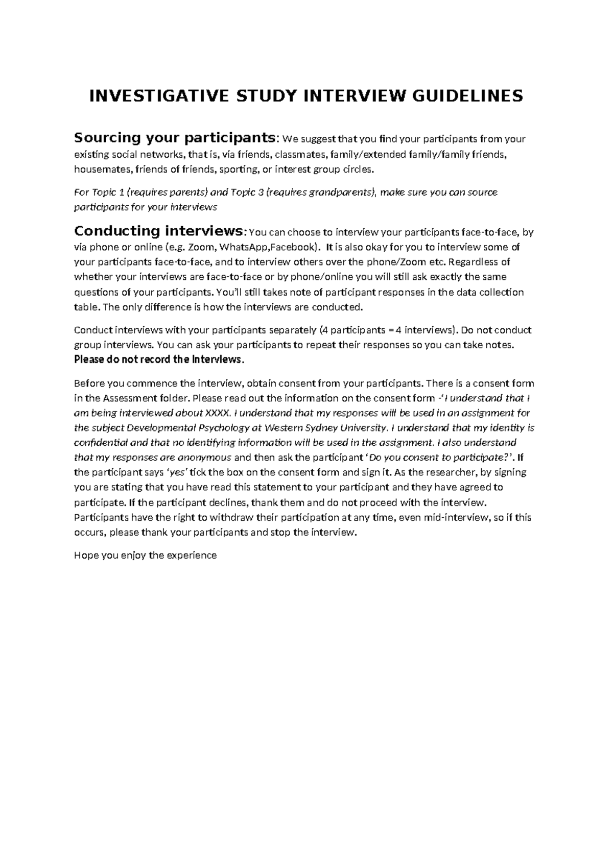 DEV PSY 101: Interview Guidelines for Investigative Study - Studocu
