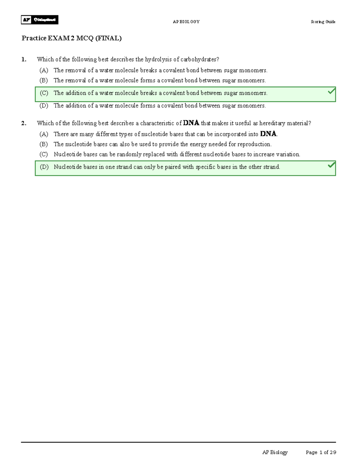AP BIOLOGY Scoring Guide Practice EXAM 2 MCQ (FINAL) Review - Studocu