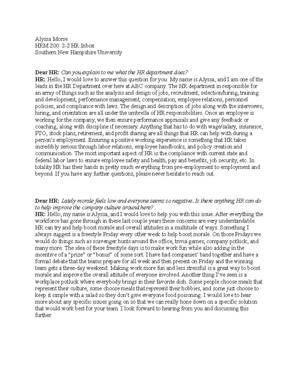 HRM 200: 2-2 HR Inbox - Roles, Culture Boosting Strategies, & Employee ...