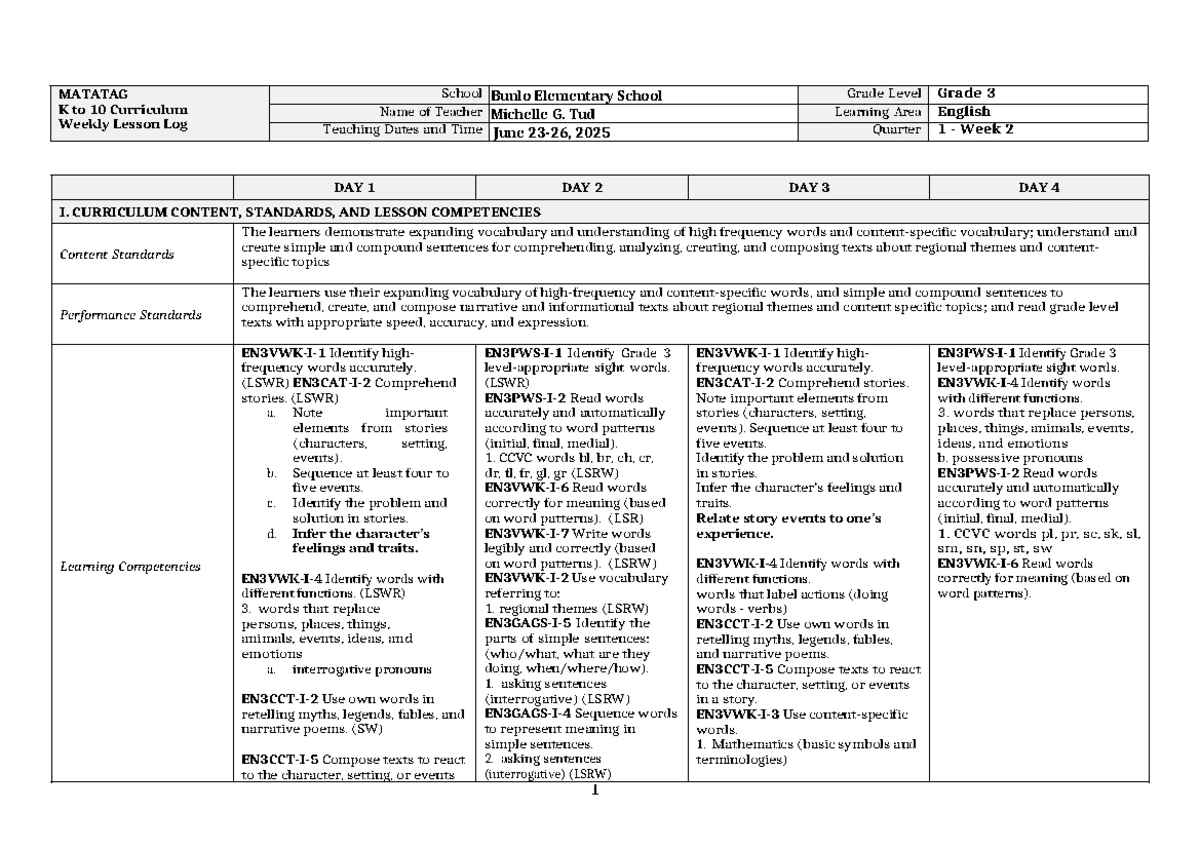 English 3 Q1 LE Week 2 - Matatag DLL for Grade 3 - Studocu