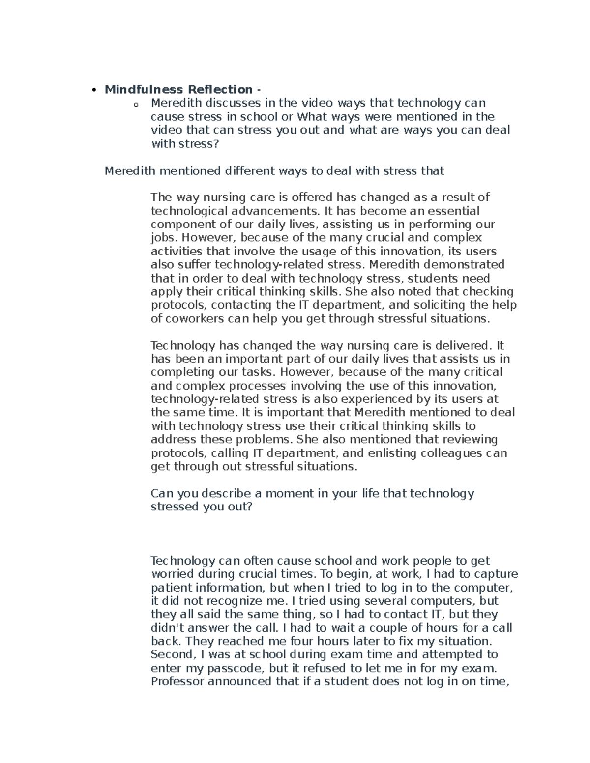 Week 7- Mindfulness Reflection on Technology-Related Stress - Studocu