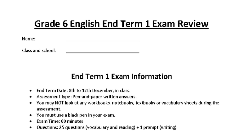 G6 English End Term 1 Exam Review: Vocabulary & Reading Skills - Studocu