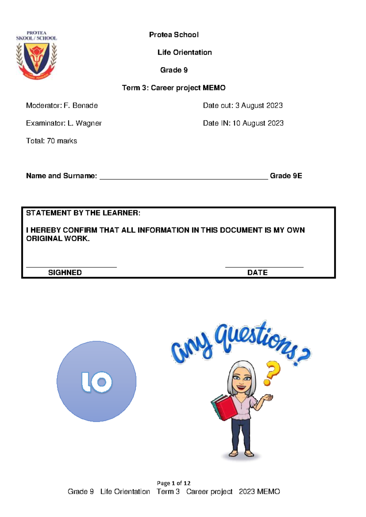 Grade 9 LO Term 3 Career Project Memo by F. Benade - 2023 - Studocu
