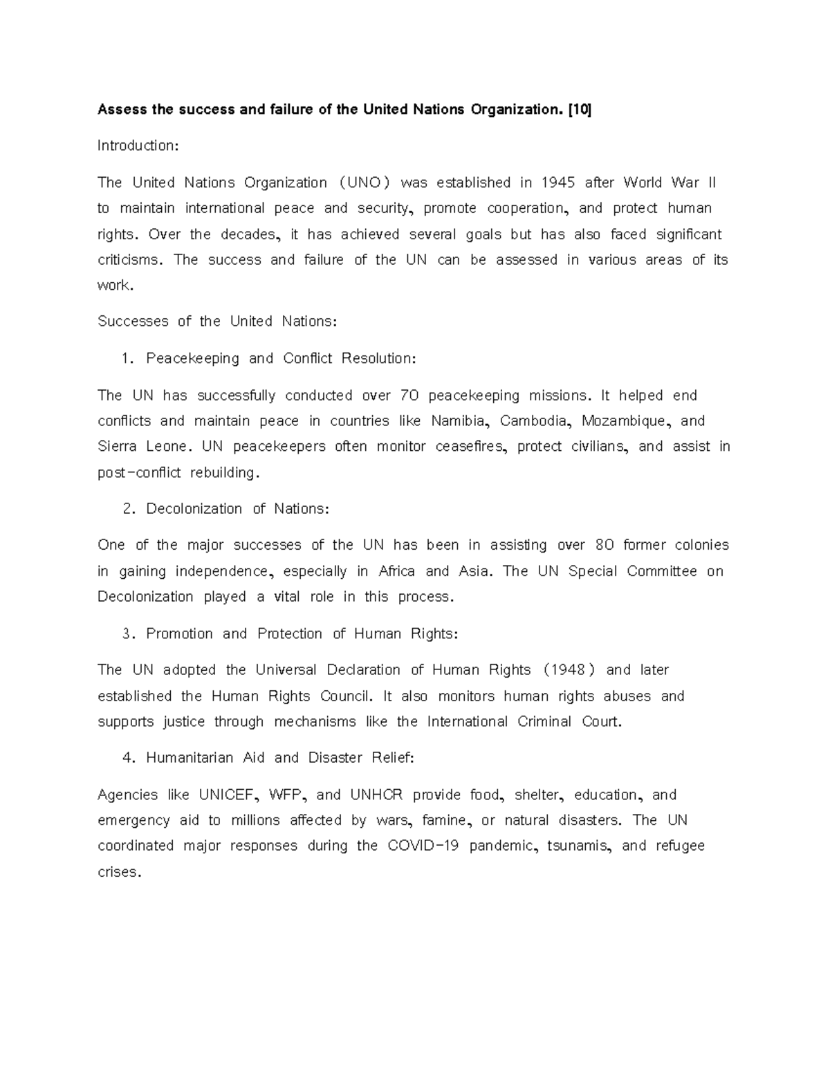 UNO - Successes and Failures of the United Nations Organization - Studocu