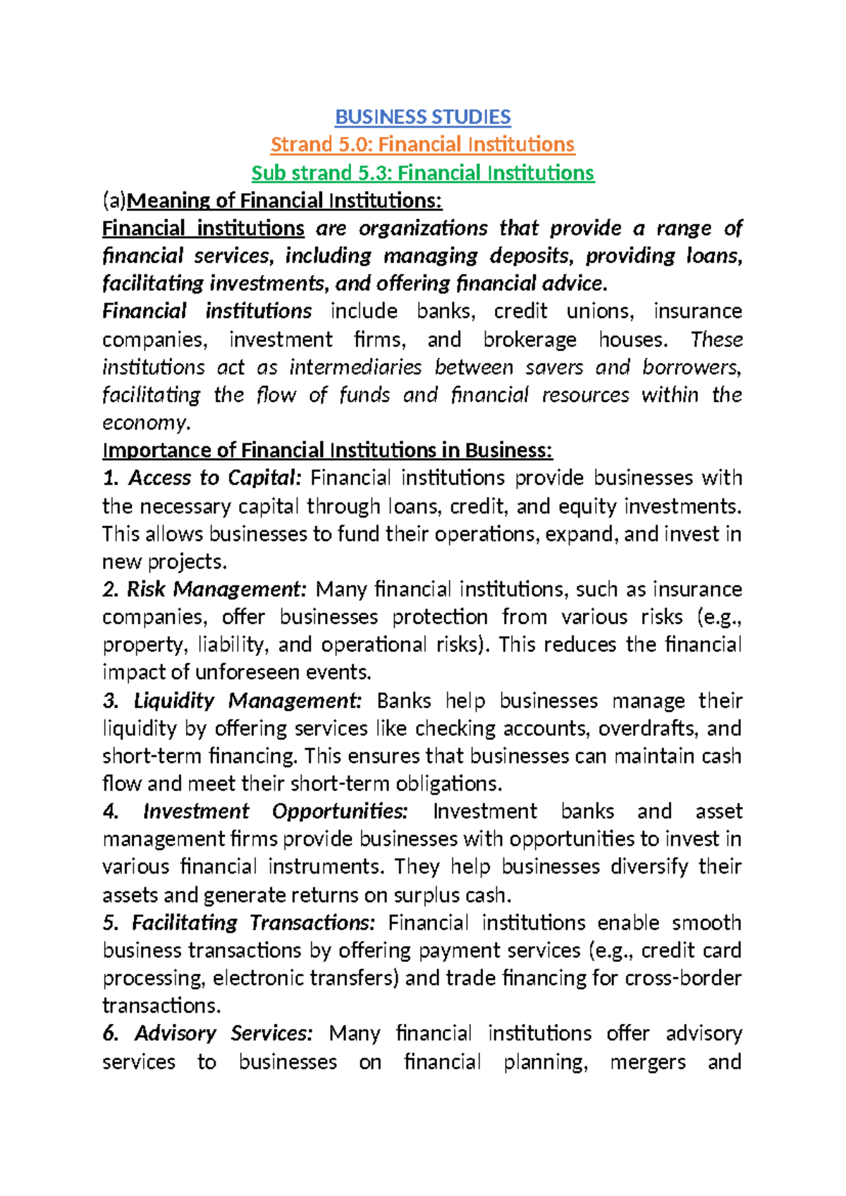 Business Studies - BUSINESS STUDIES Strand 5: Financial Institutions ...