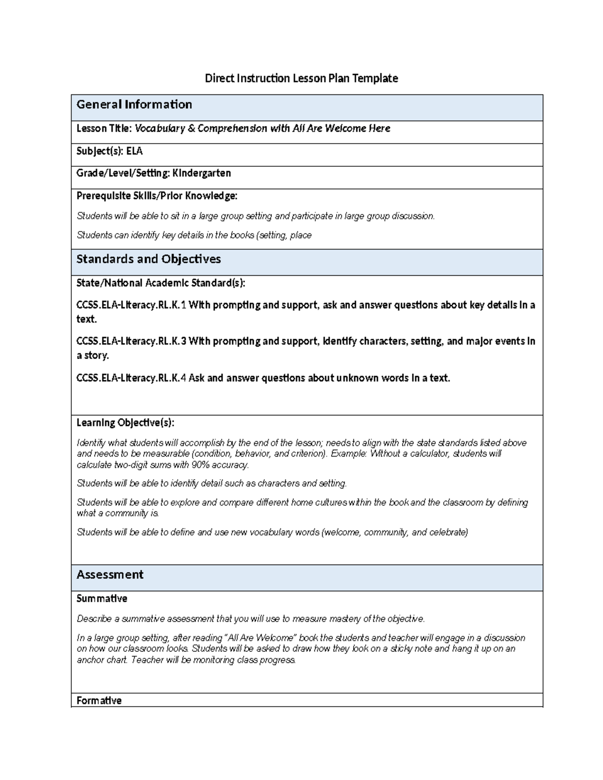 Ela Lesson Plan Example