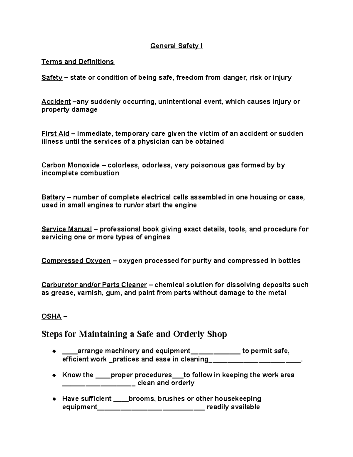 General Safety I - Essential Terms and Guidelines for Shop Safety - Studocu