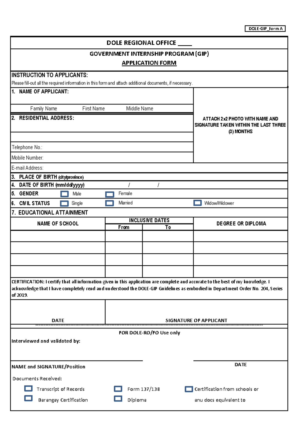 DOLE-GIP Application Form: Instructions and Requirements Guide - Studocu
