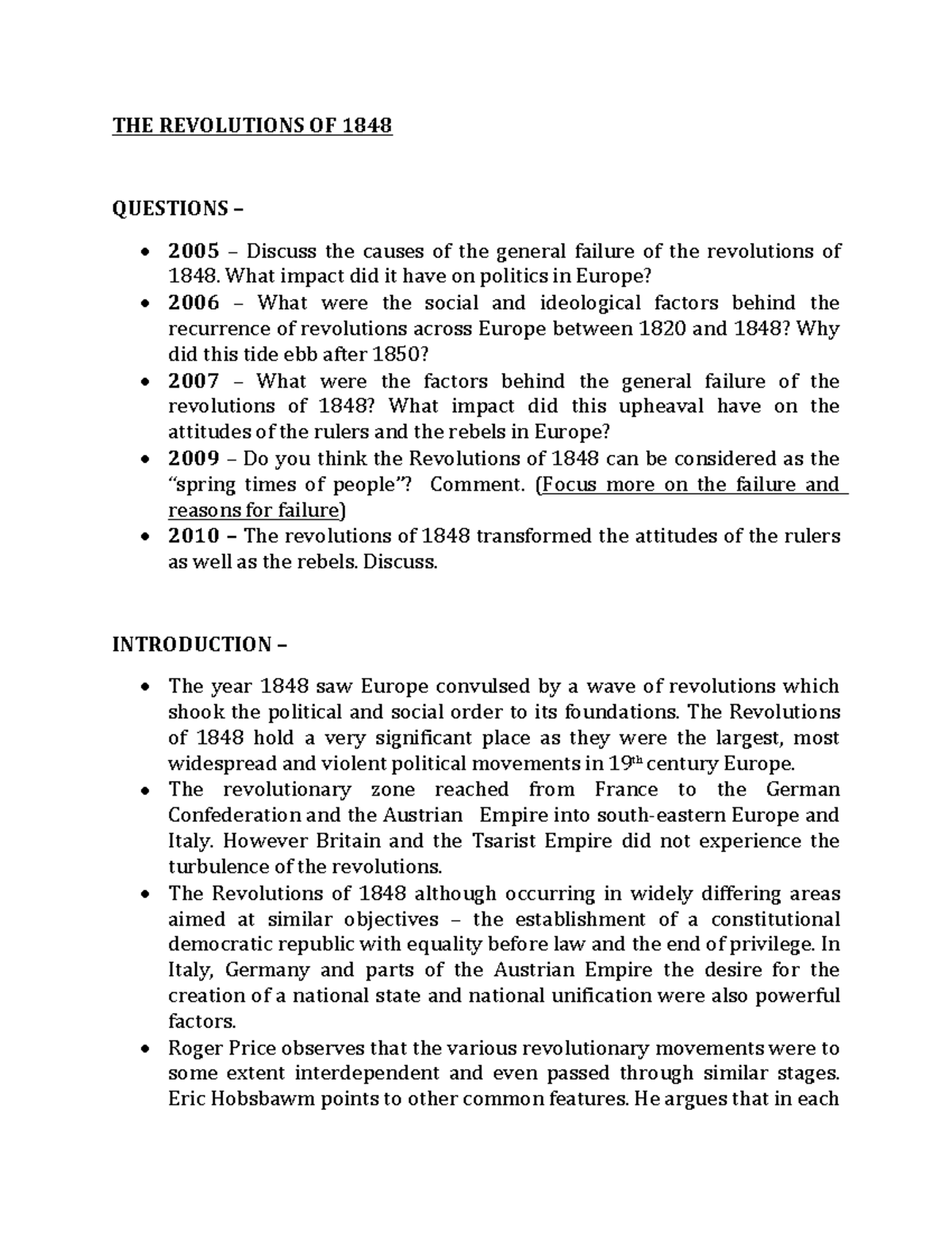 HIST 2005: The Failures and Impacts of the 1848 Revolutions in Europe ...
