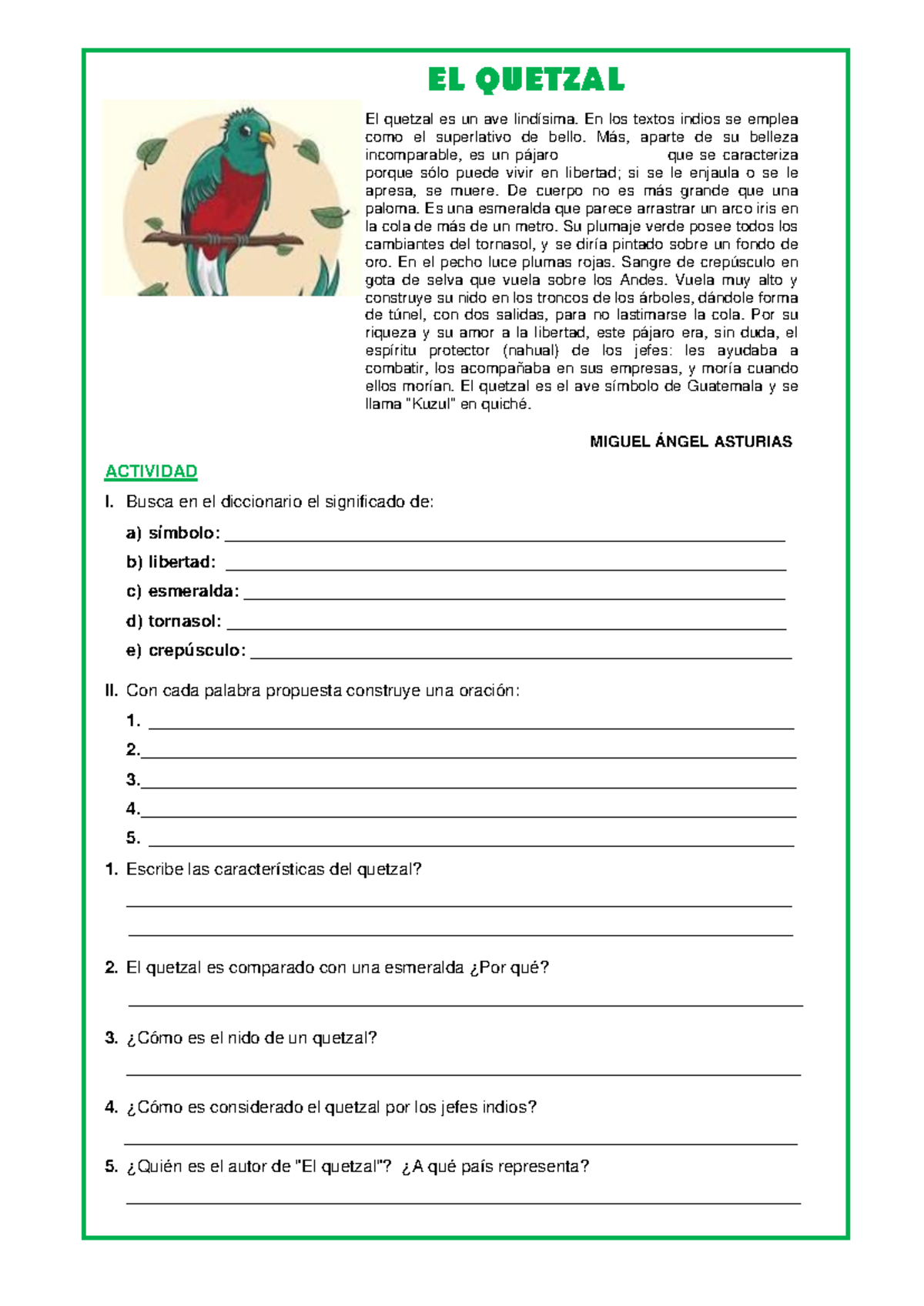 Actividad de Lectura: El Quetzal y su Significado Cultural - Studocu