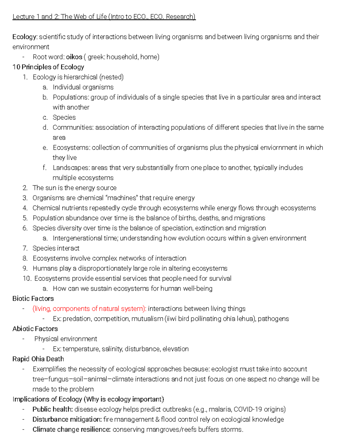 ECO. 101: Lecture 1-5 Study Guide on Ecology Principles and Climate ...
