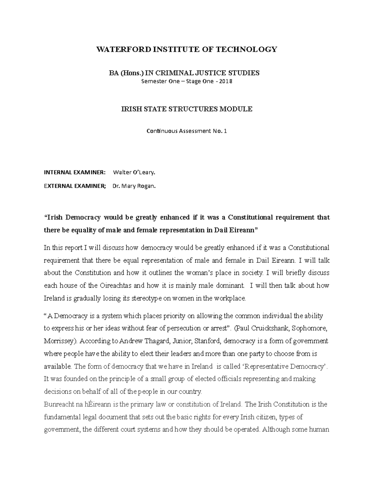 Irish Democracy and Gender Equality in Dail Éireann - CA1 CRJ101 - Studocu
