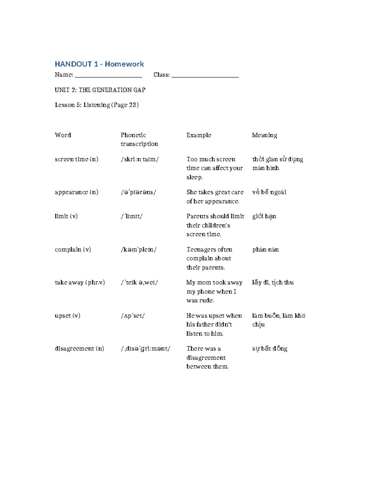 UNIT 2: THE GENERATION GAP - Lesson 5 Homework Handout - Studocu