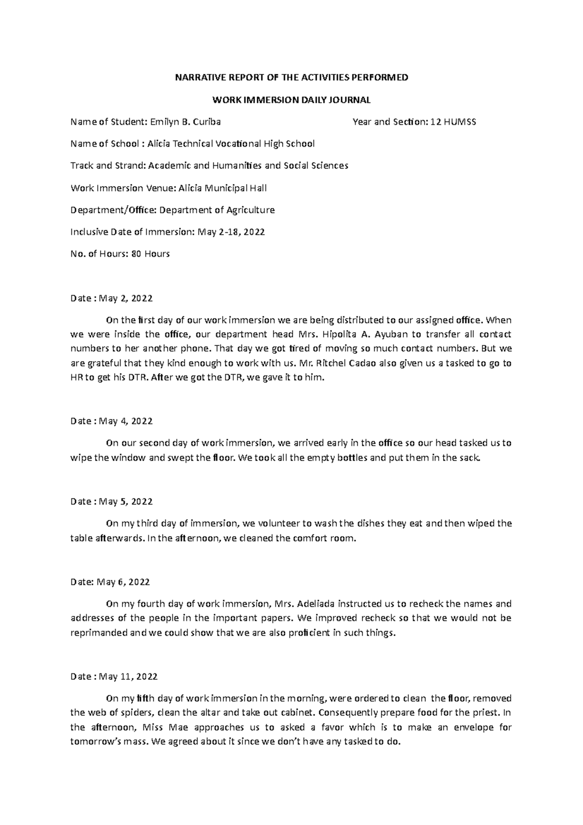 Narrative Report of Work Immersion Activities - 12 HUMSS - Studocu