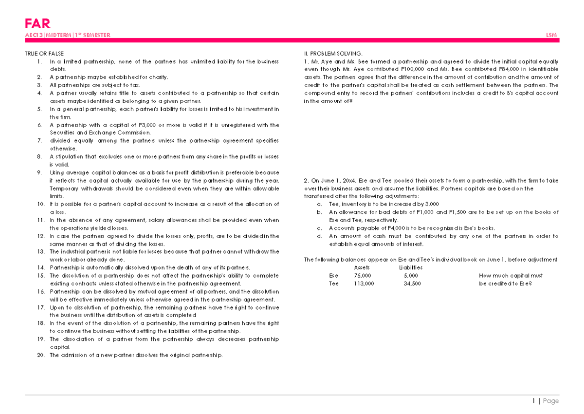 FAR SEMESTER MIDTERM TRUE OR FALSE & PROBLEM SOLVING - Studocu