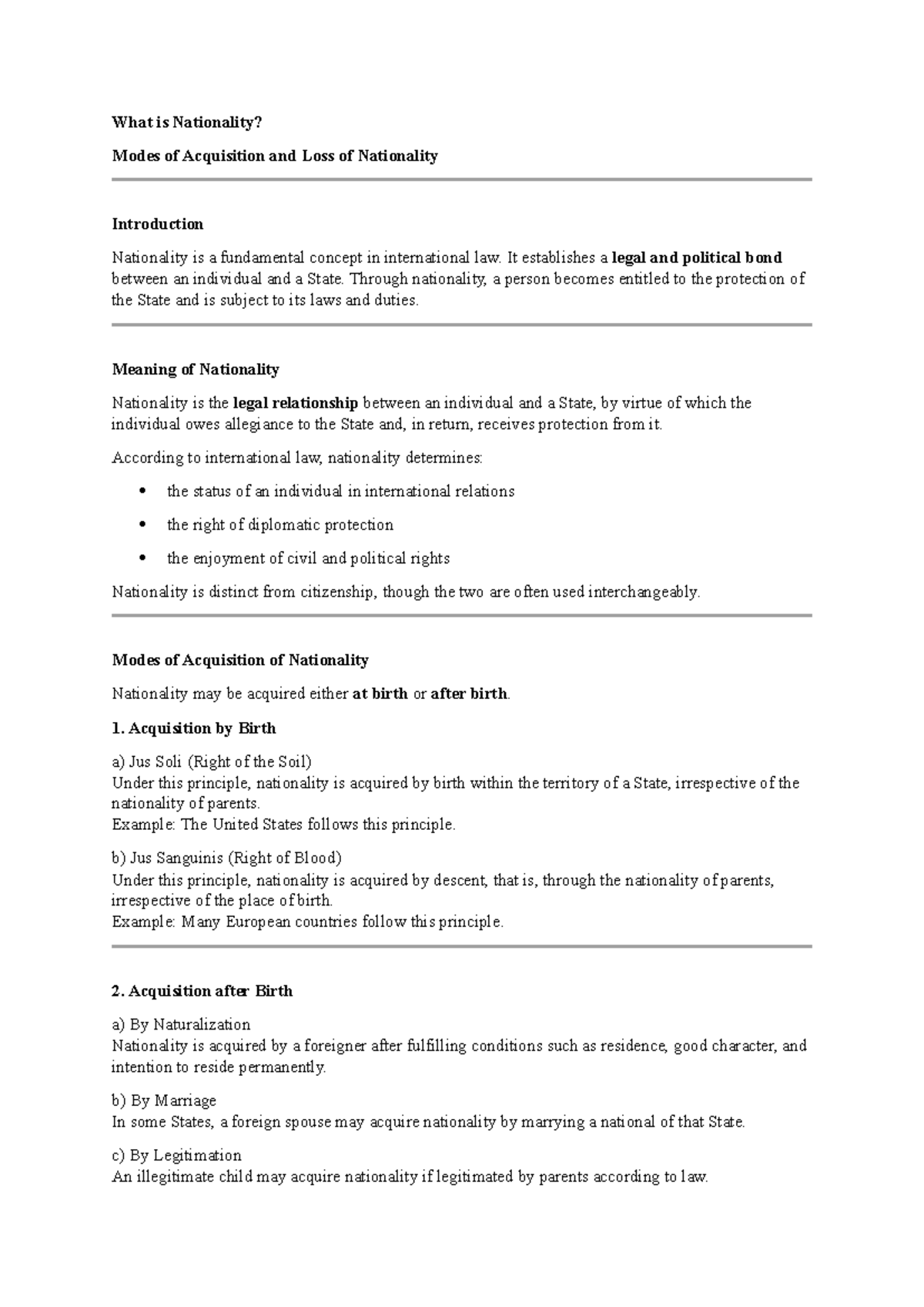 Nationality (LAW 101): Modes of Acquisition and Loss - Notes - Studocu