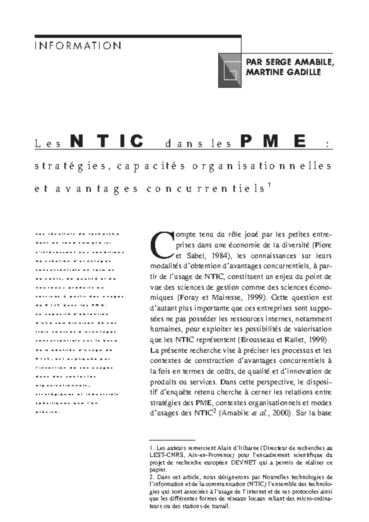 Les NTIC dans les PME : Stratégies et Avantages Concurrentiels - Studocu
