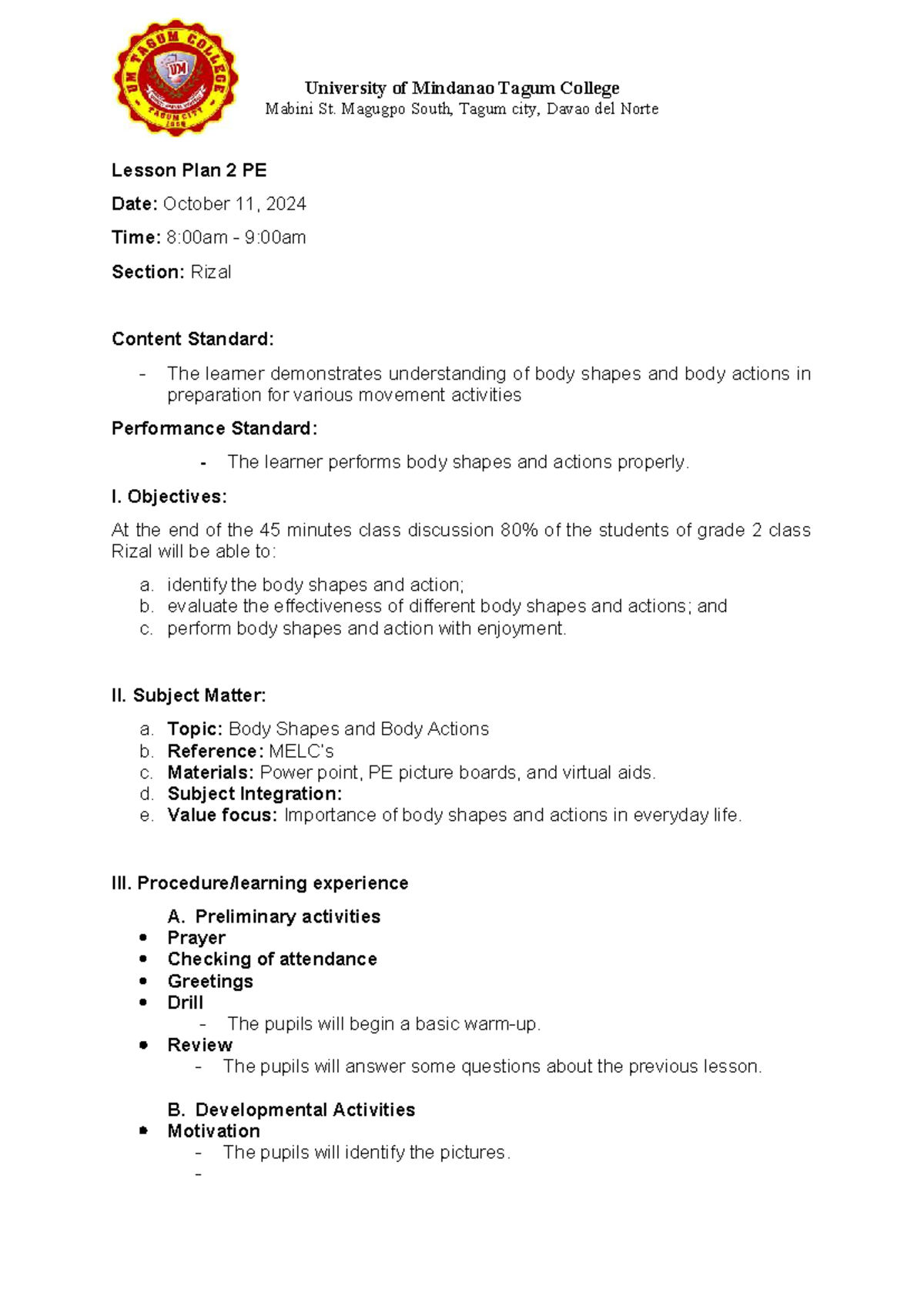 Revised Lesson Plan 2 PE - Body Shapes & Actions (UMTC) - Studocu