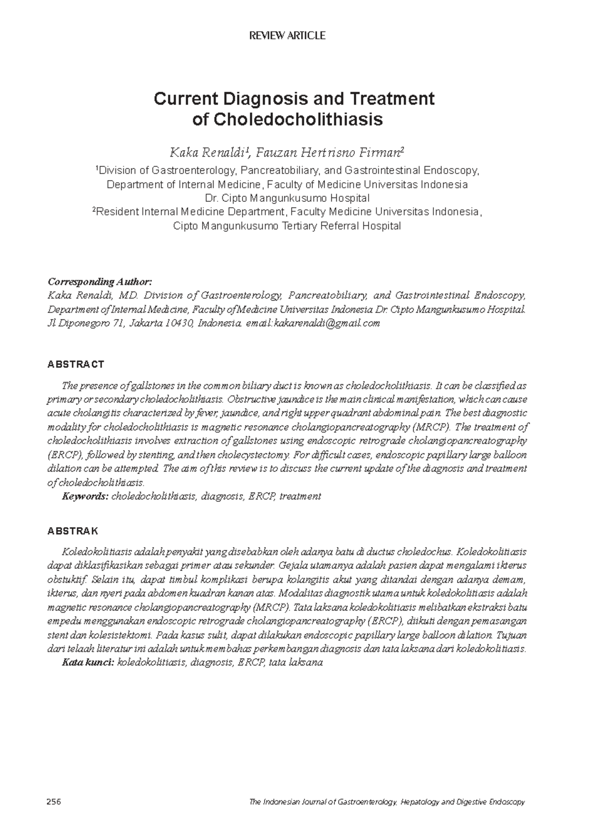 REVIEW ARTICLE: Current Diagnosis & Treatment of Choledocholithiasis ...