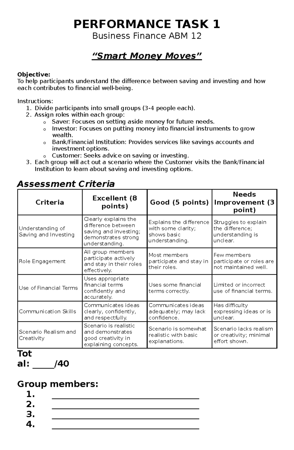 Performance Task 1: Understanding Saving vs. Investing in ABM 12 - Studocu