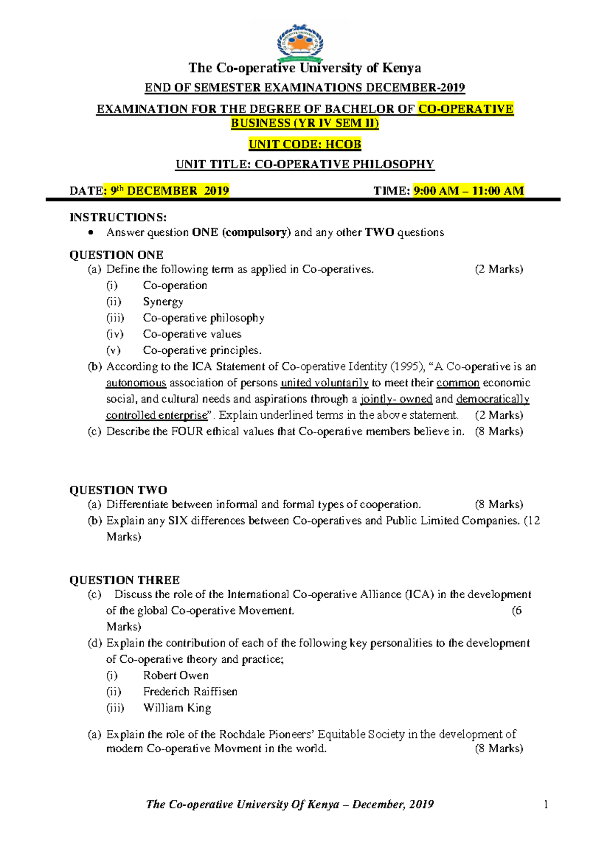HCOB Final Exam: Co-Operative Philosophy Overview - Dec 2019 - Studocu
