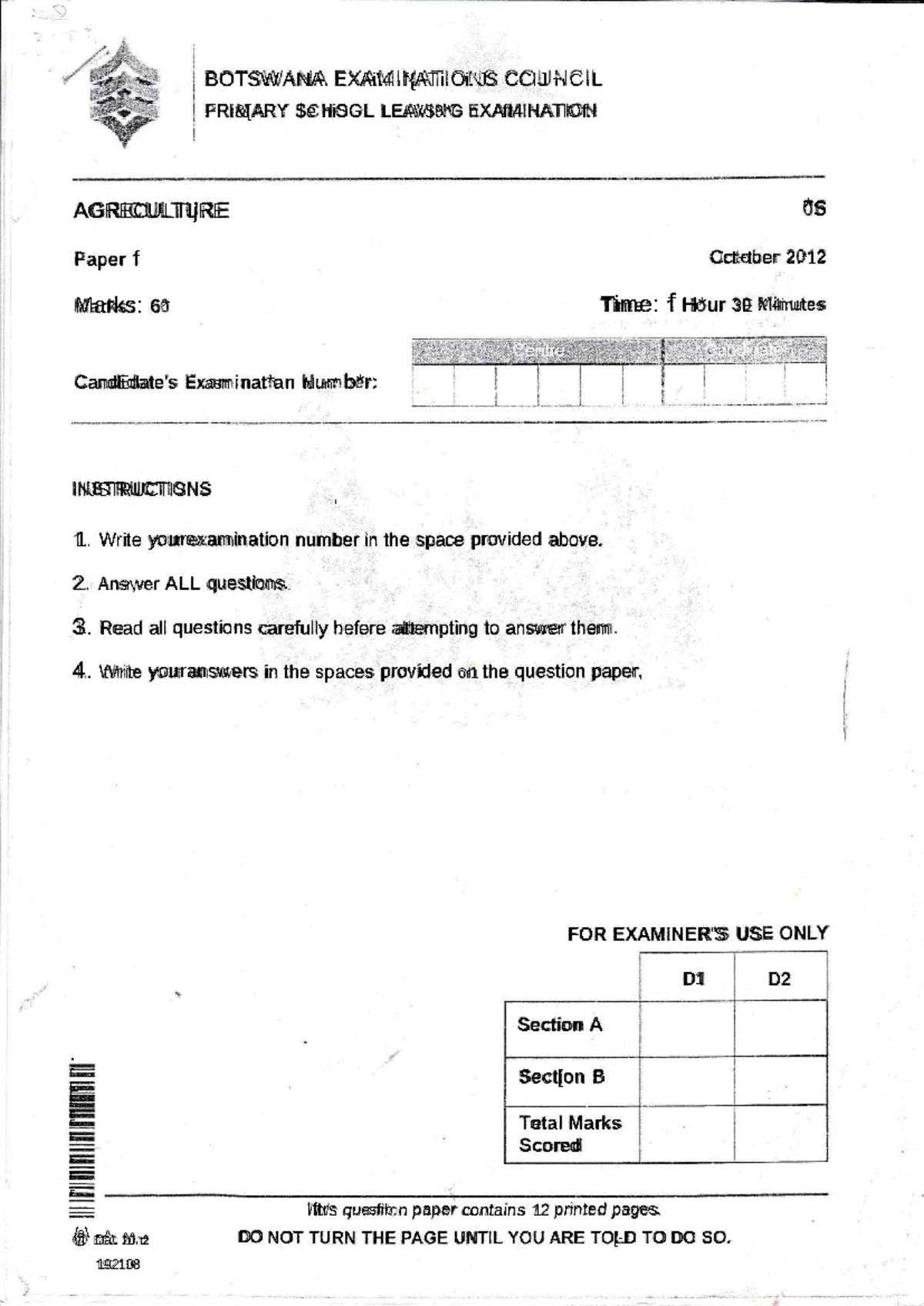 PSLE 2012 Agriculture Exam & Marking Scheme - Studocu