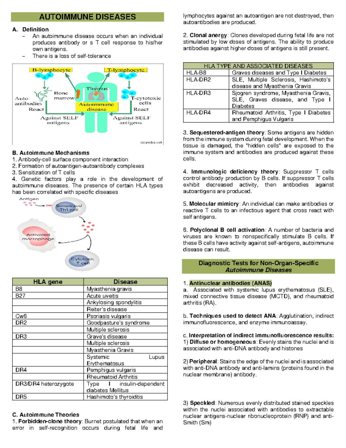 Autoimmune Diseases - AUTOIMMUNE DISEASES A. Definition An autoimmune ...