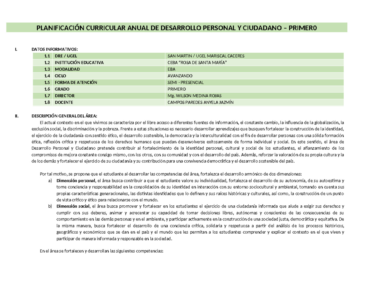 Programacion Anual - DPC - PLANIFICACIÓN CURRICULAR ANUAL DE DESARROLLO PERSONAL Y CIUDADANO ...