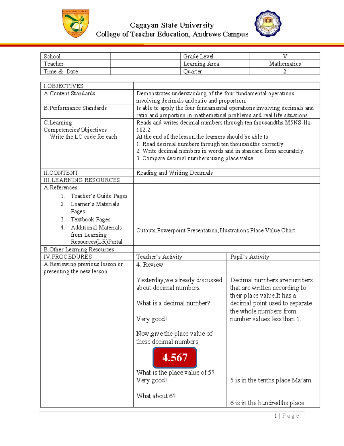 Lesson Plan: Mathematics 2 - Reading & Writing Decimals - Studocu