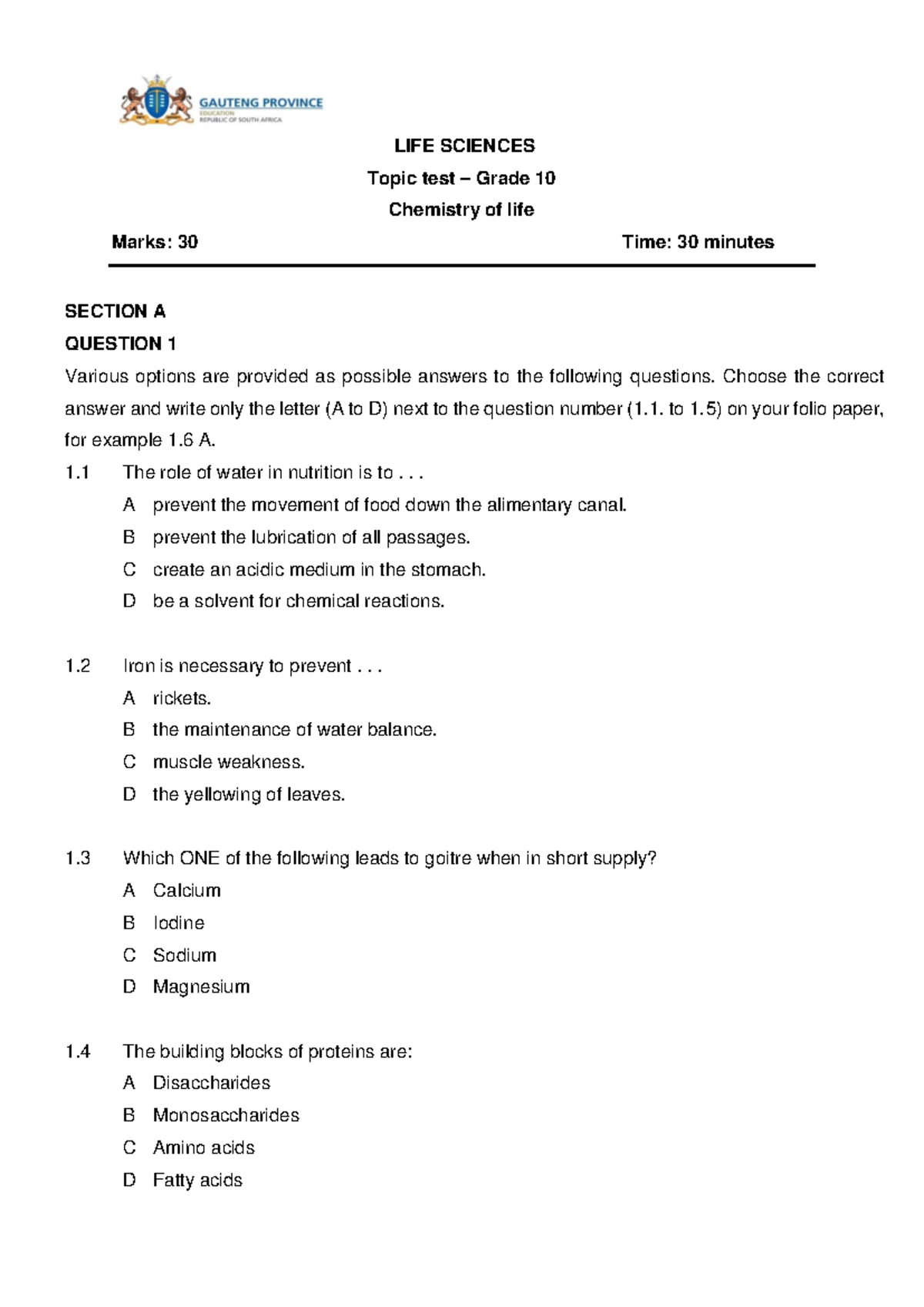 Grade 10 LIFE SCIENCES Topic Test: Chemistry of Life (30 Marks) - Studocu