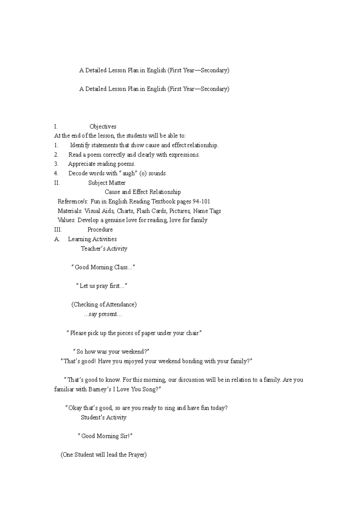 Lesson Plan for English – Cause & Effect (1st Year Secondary) - Studocu